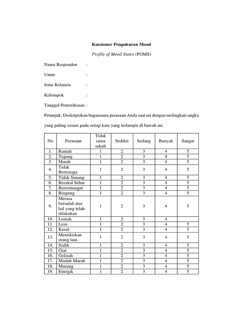 Kuesioner Pengukuran Mood | PDF