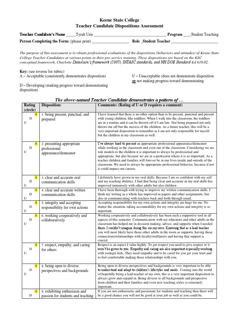 Urie Dispositions Assessment Student Teaching Final | PDF | Empathy ...