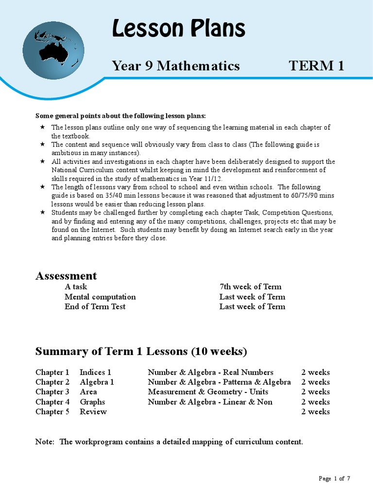 Year 9 Term 1 Lesson Plans - Mathematics | Download Free PDF | Area ...