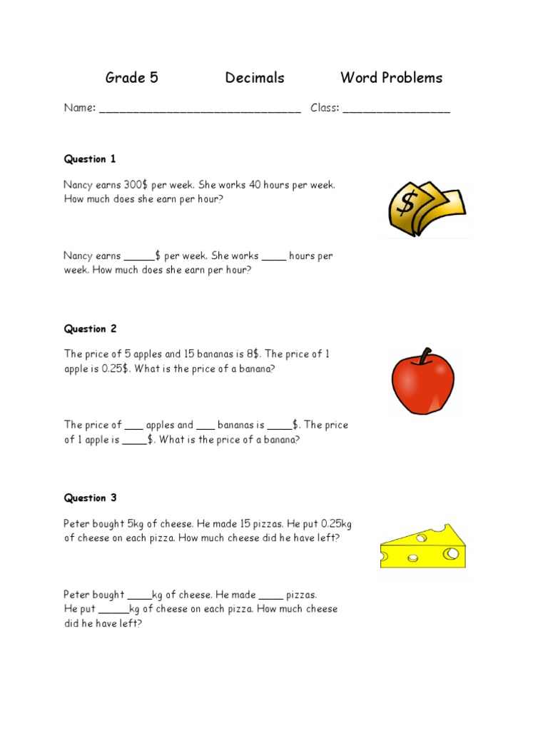 Grade 5 Decimals Word Problems: Name: - Class | PDF