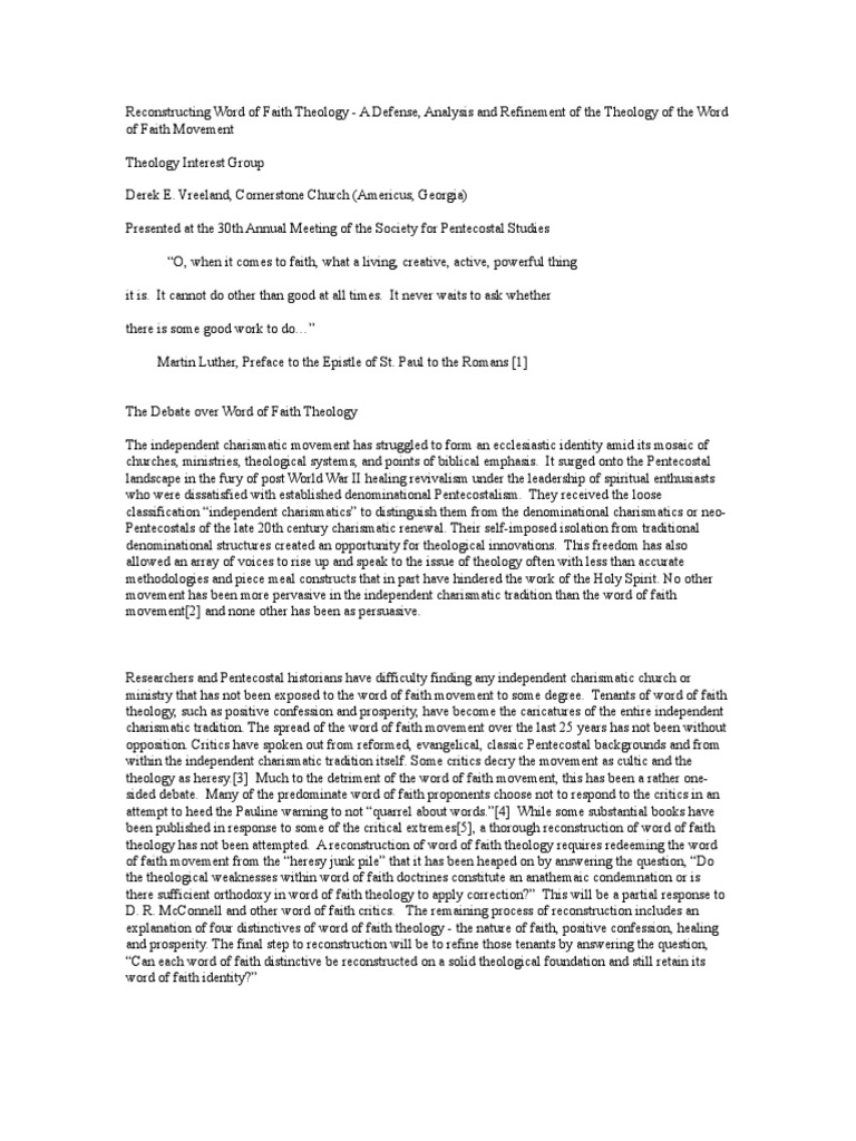 Reconstructing Word of Faith Theology - A Defense, Analysis and Refinement of The Theology of ...