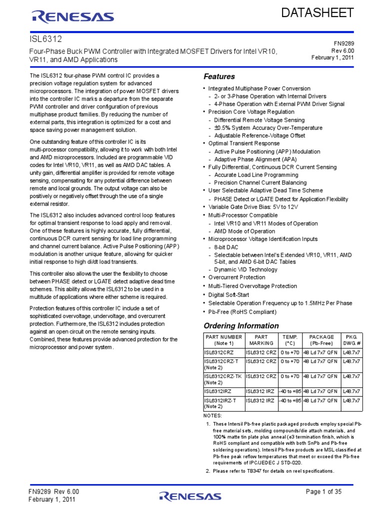 Four-Phase Buck PWM Controller With Integrated MOSFET Drivers For Intel VR10, VR11, and AMD ...