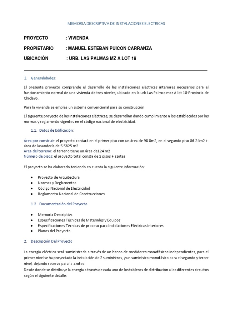 Memoria Descriptiva | PDF | Enchufes y tomas de corriente alterna | Cobre