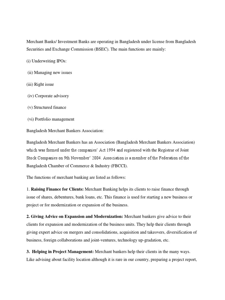 Functions of Merchant Banks in Bangladesh | PDF | Securities (Finance ...