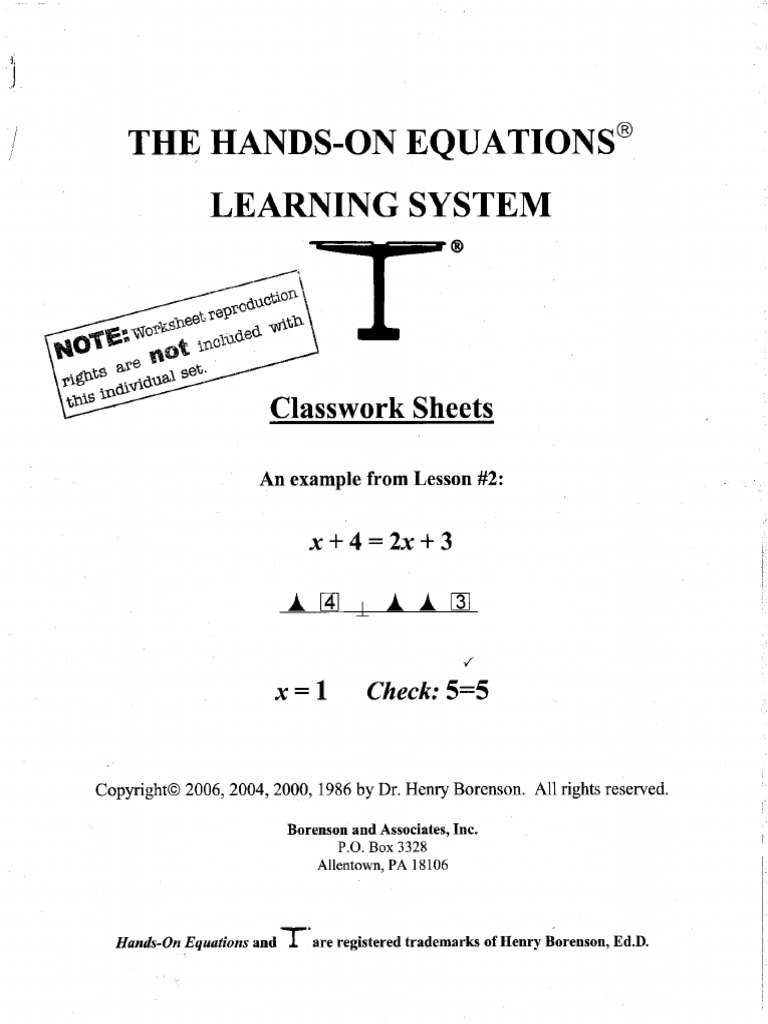 Hands On Equations Classwork Sheets | PDF