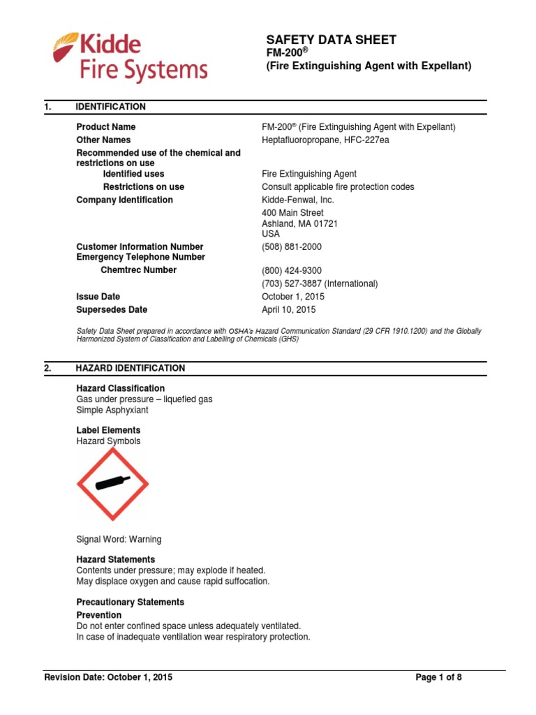 Safety Data Sheet: FM-200 (Fire Extinguishing Agent With Expellant ...