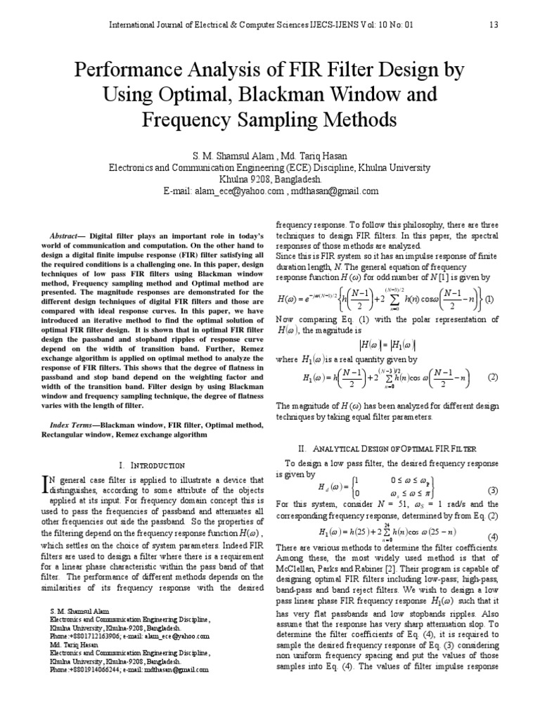 Performance Analysis of FIR Filter Design by Using Optimal, Blackman ...