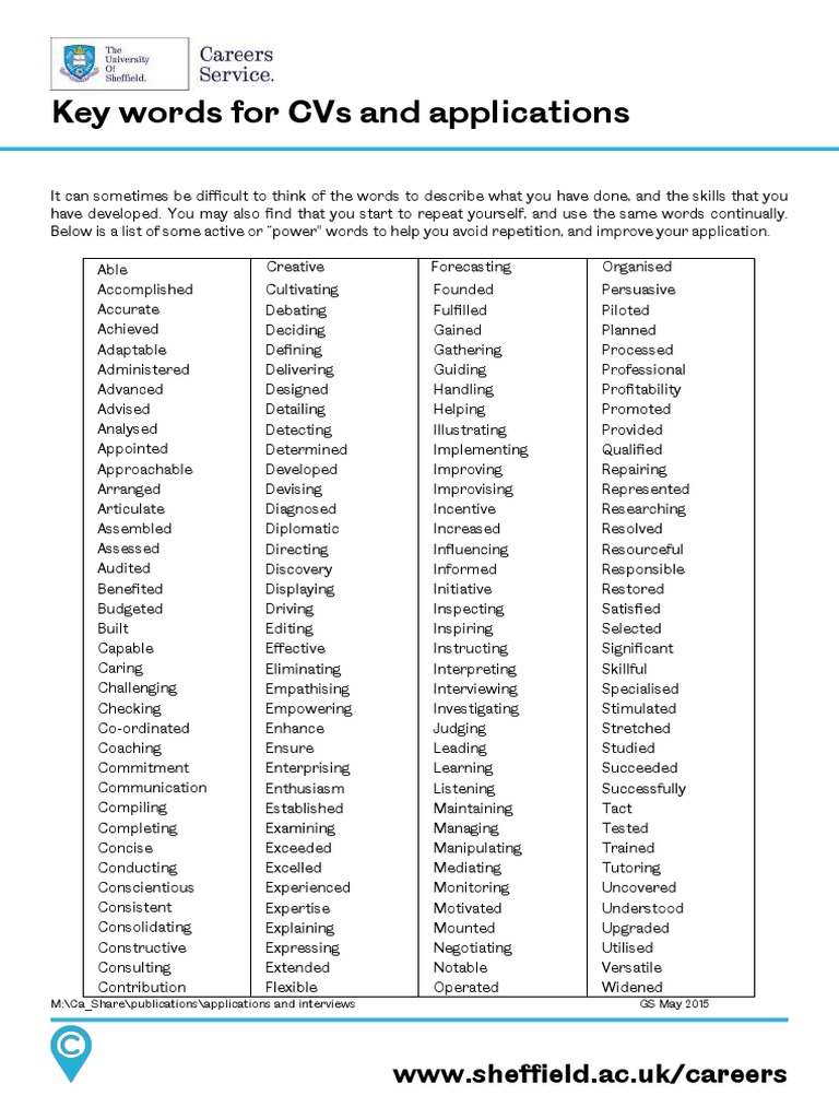 Key Words For Cvs and Applications: WWW - Sheffield.Ac - Uk/Careers ...