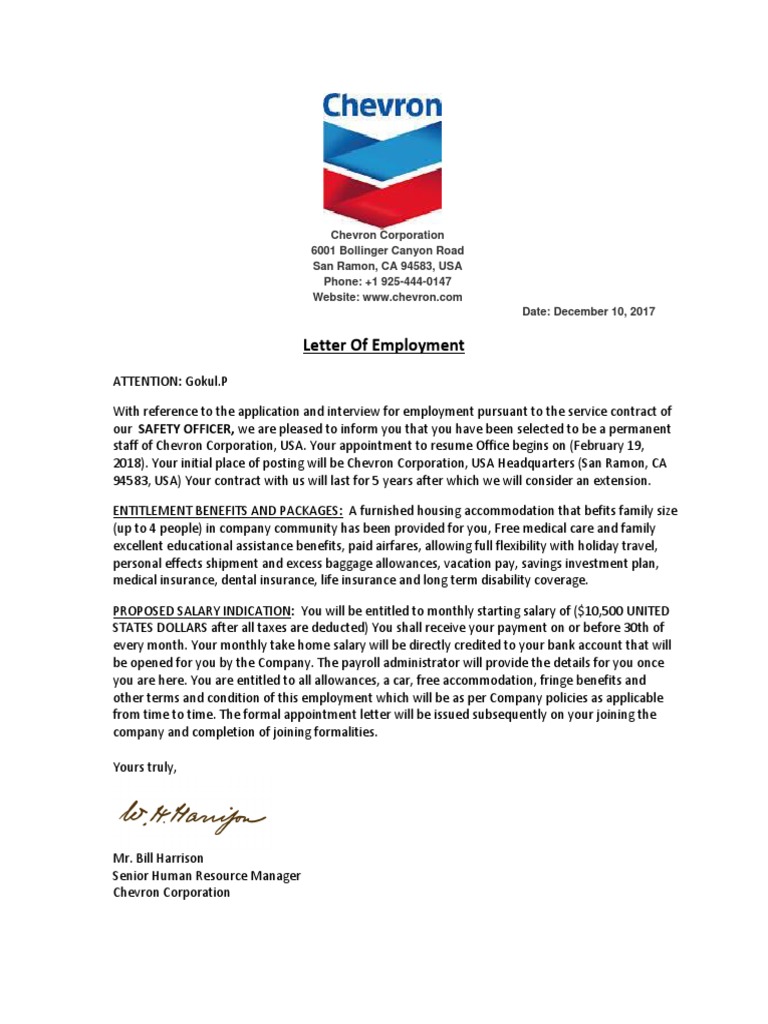 Chevron Corporation Employment Letter | PDF | Employee Benefits | Payments