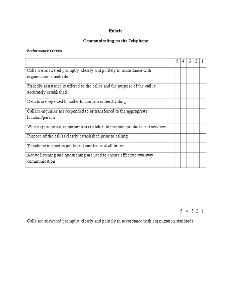 Rubric For Communicating On The Telephone | PDF