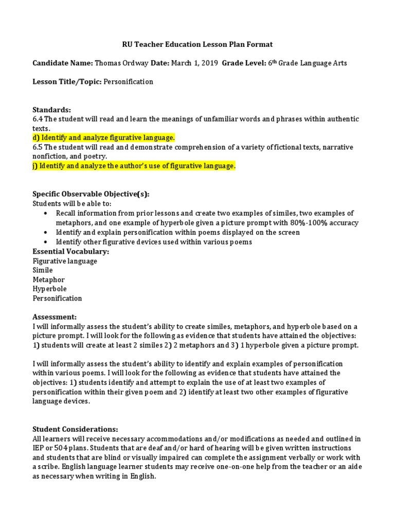 Personification Lesson Plan for 6th Grade | PDF | Psychological ...