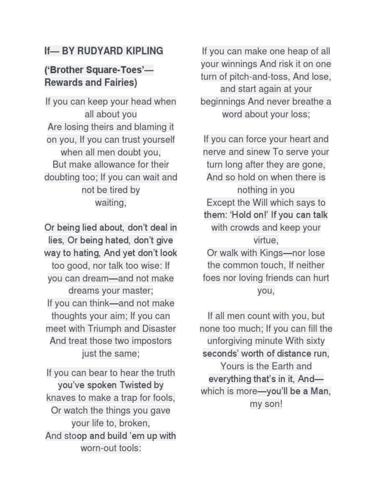 If - by Rudyard Kipling ( Brother Square-Toes' - Rewards and Fairies ...
