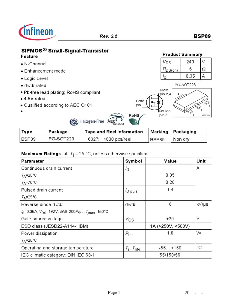 Infineon BSP89 DS v02 02 en | PDF | Diode | Printed Circuit Board