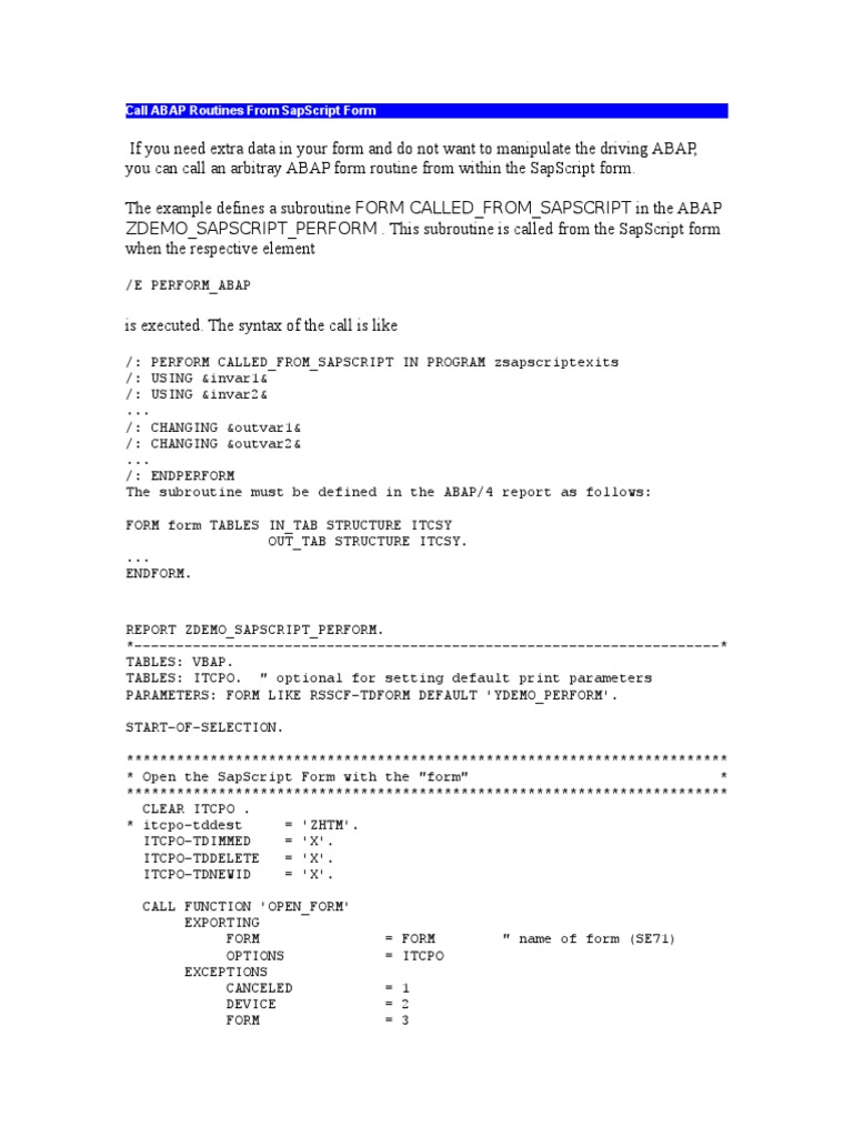 Call Abap Routines From Sapscript Form Pdf Subroutine Computer 