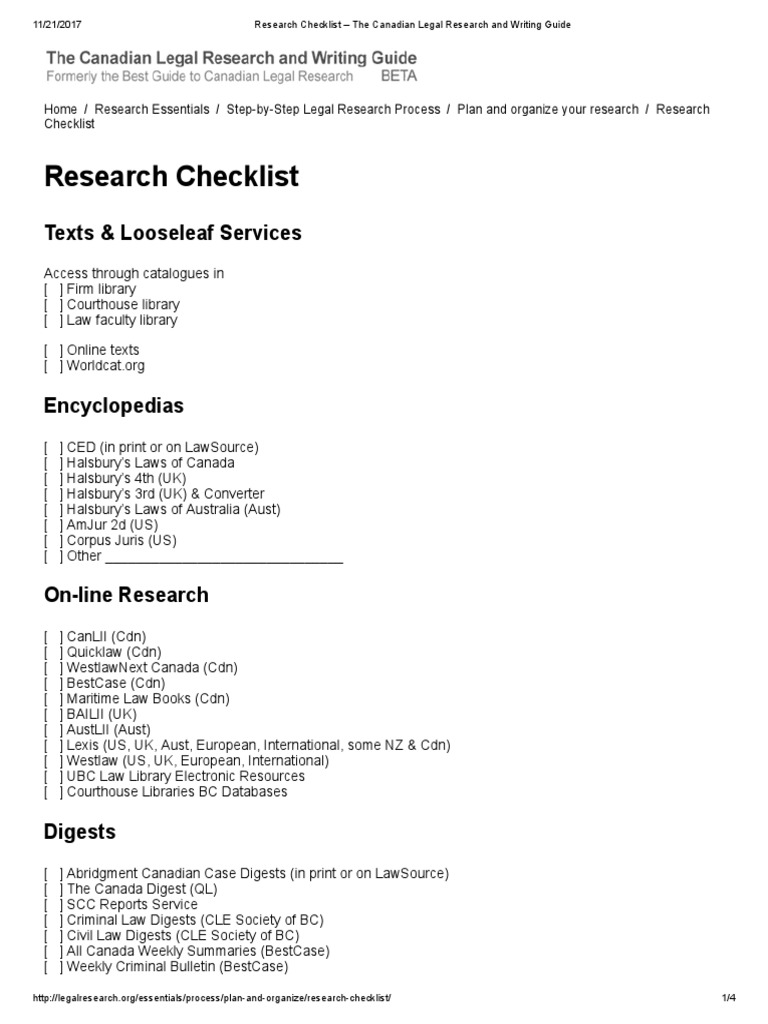 Legal Research Checklist Handout - The Canadian Legal Research and ...