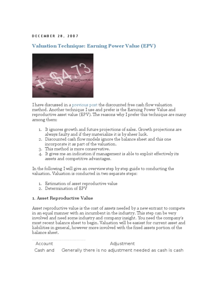 Valuation Technique - Earning Power Value (EPV) | PDF | Valuation ...