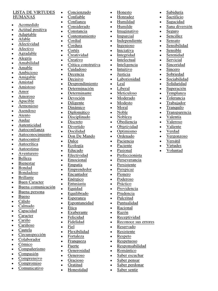 Lista de Virtudes Humanas | Estereotipos | Principios éticos