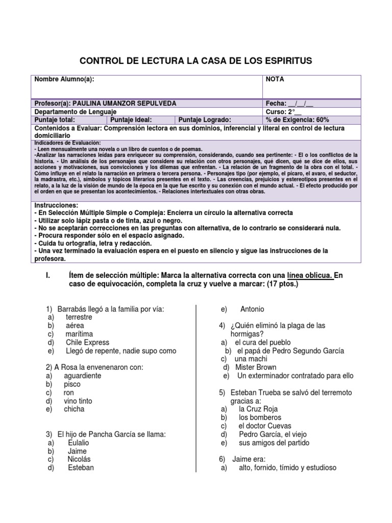 Control de Lectura La Casa de Los Espiritus | PDF