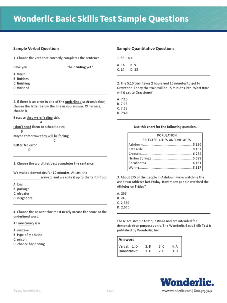 Wonderlic Basic Skills Test Sample Questions | PDF | Evaluation Methods ...