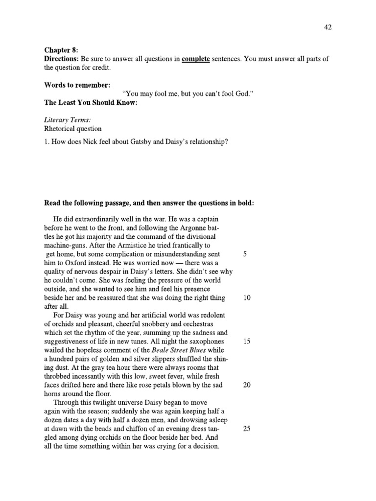The Great Gatsby Quiz 8 - Chapter 8 PDF | PDF