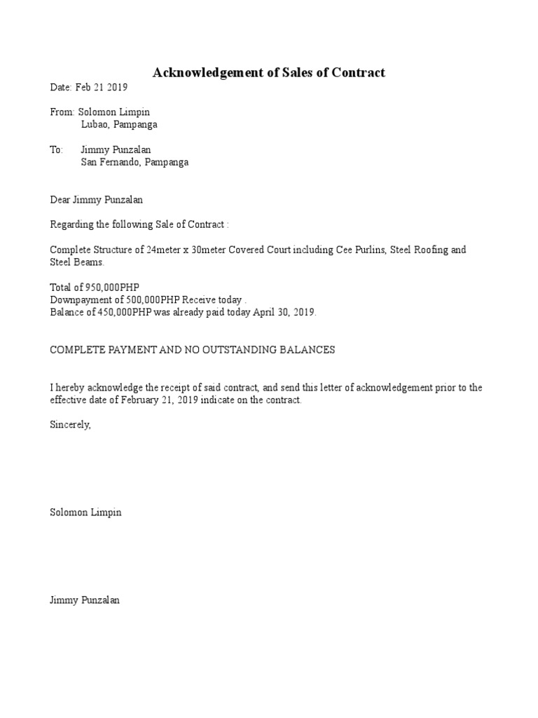 Acknowledgement of Sales of Contract | PDF