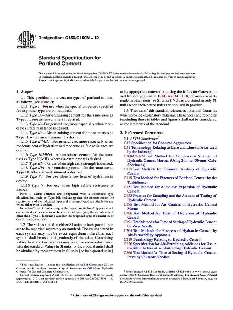 ASTM C150-C150M-12 - Standard Specification For Portland Cement | Cement | Concrete