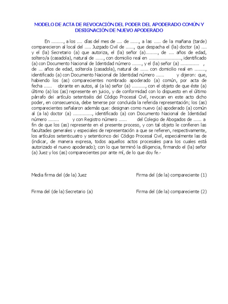 Modelo de Acta de Revocación Del Poder Del Apoderado Común Y ...