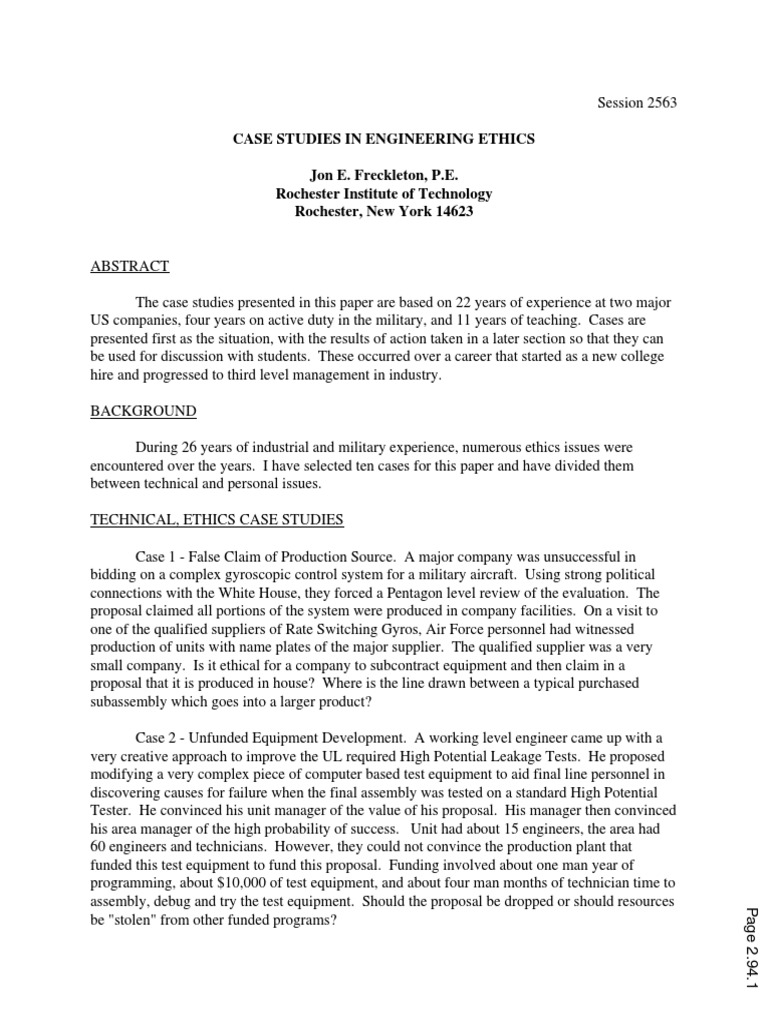 Case Studies In Engineering Ethics PDF Engineering Case Study