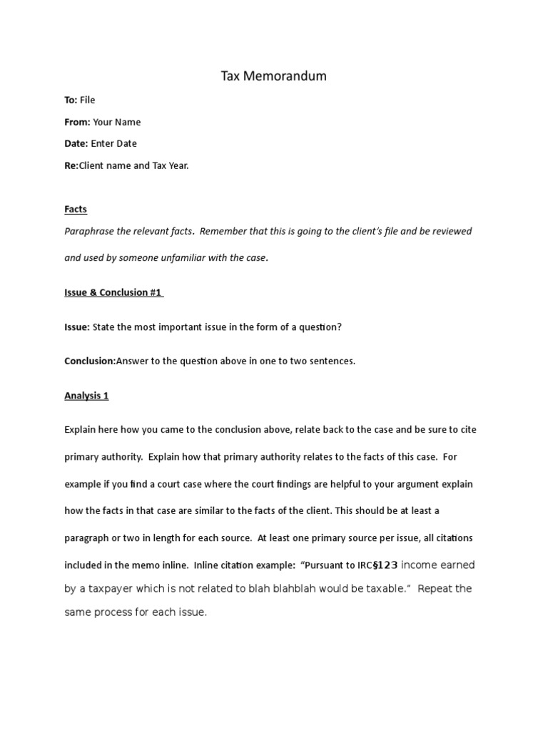 Tax Memorandum: To: File From: Your Name Date: Enter Date Re:Client ...