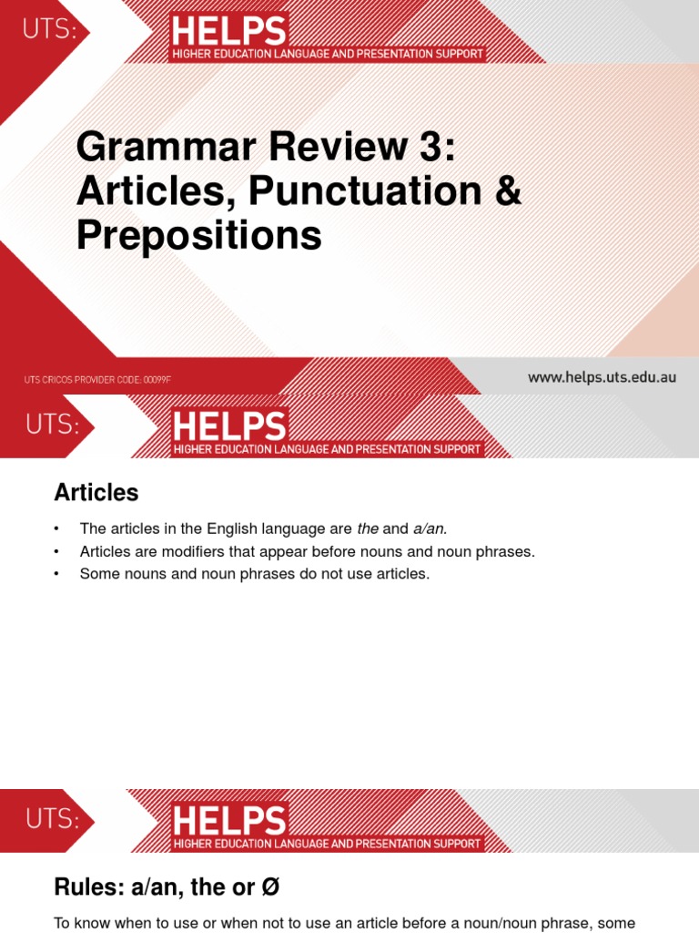 Grammar Review 3: Articles, Punctuation & Prepositions | PDF | Noun ...