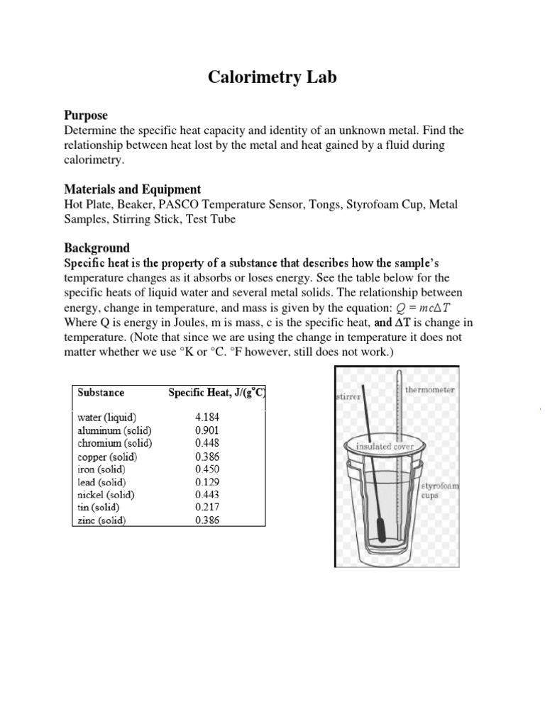 Calorimetry Lab: Purpose | PDF | Heat | Heat Capacity