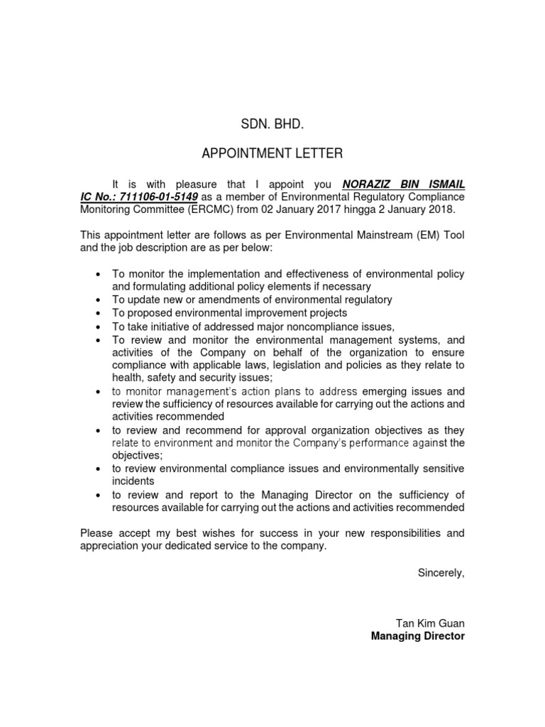 Appointment Letter (Unused) | PDF | Environmental Policy | Regulatory ...