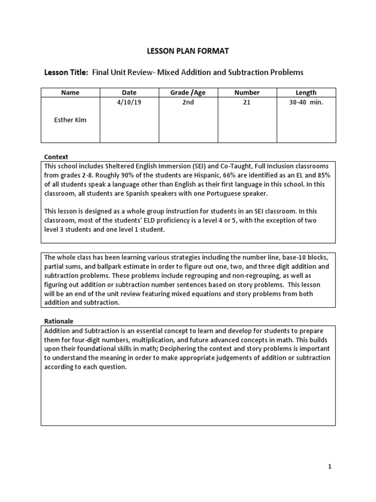 Lesson Plan 4 10 19 Math | PDF | Subtraction | Cognition