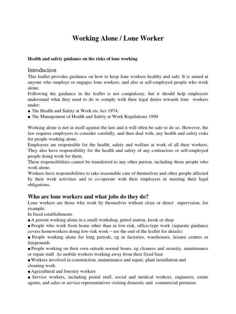 Working Alone | PDF | Employment | Risk
