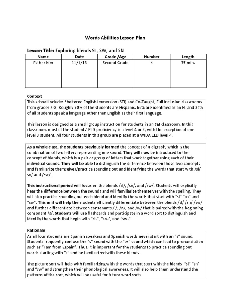 Words Abilities Lesson Plan | PDF | Reading Comprehension | Behavior Modification