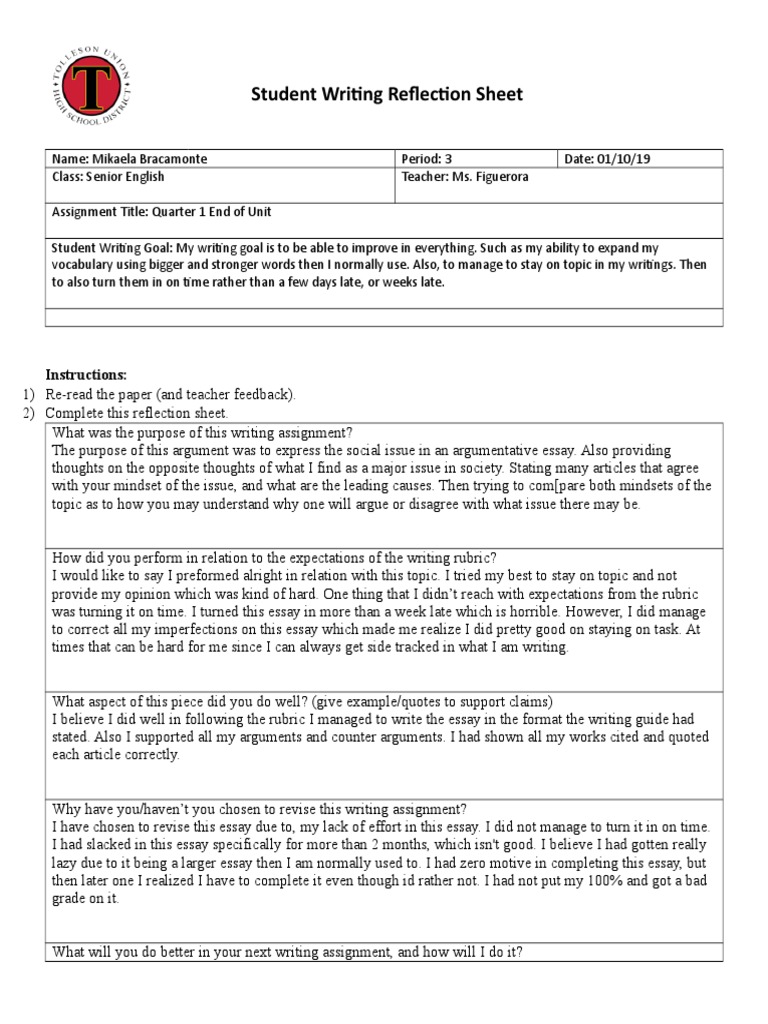 Student Writing Reflection and Goals | PDF | Essays | Rubric (Academic)