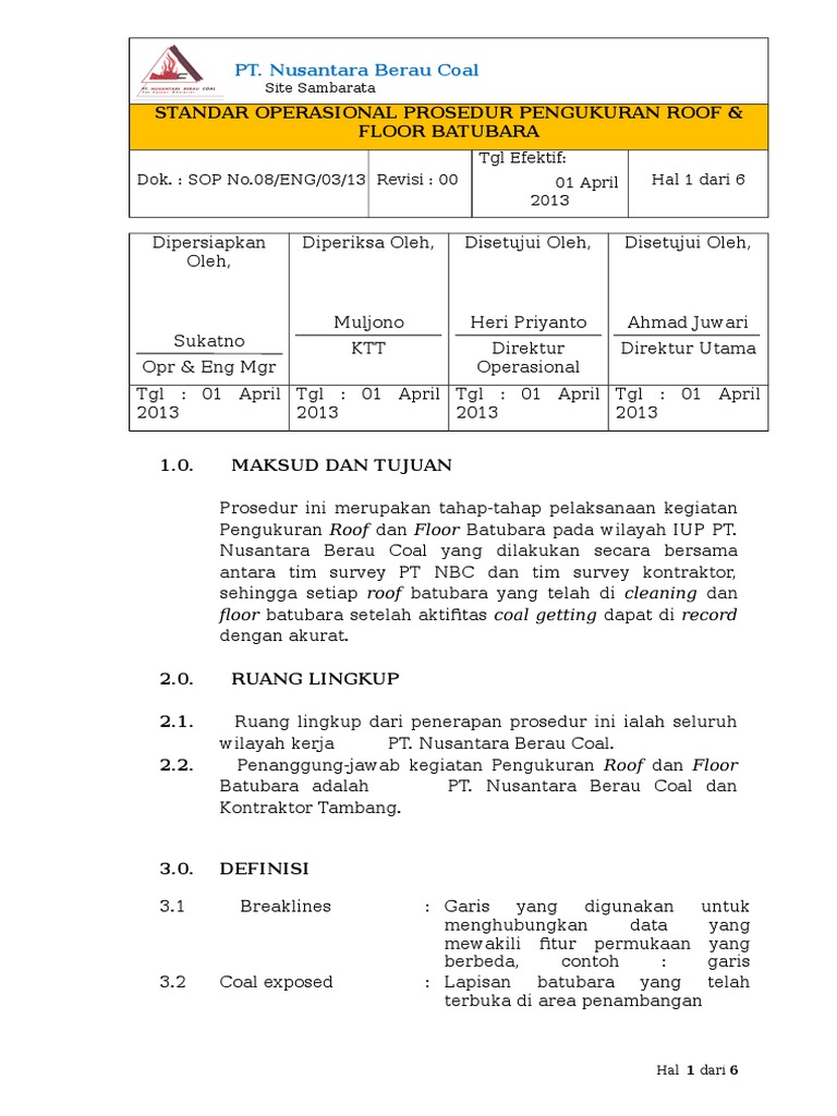 8 Sop - Pengukuran Roof & Floor Batubara | PDF