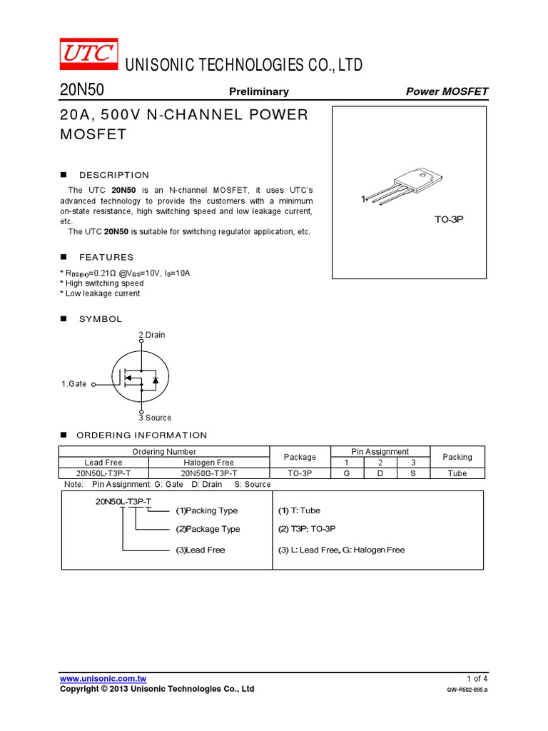 20N50 | PDF | Field Effect Transistor | Mosfet