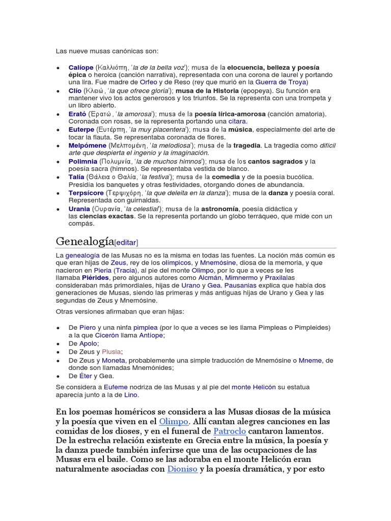 Las Nueve Musas | PDF | Musa | Mitología griega