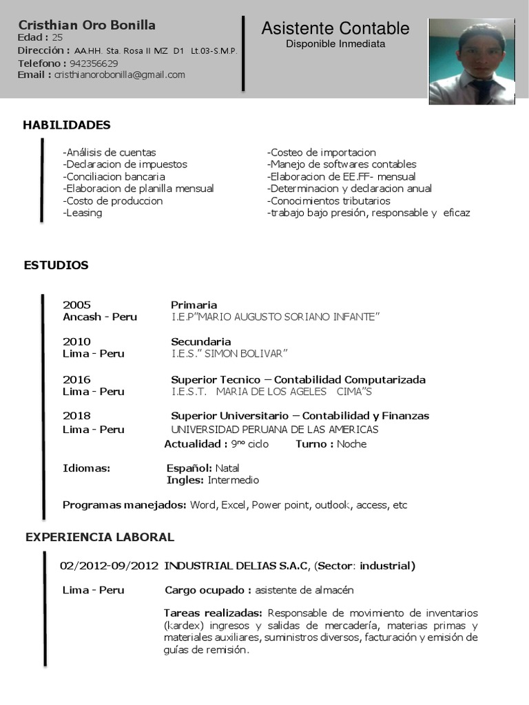 Curriculum-Vitae Asistente Contable PDF | Contabilidad | Lima