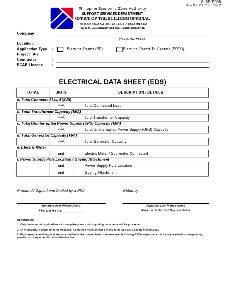 PEZA Electrical Permit Form | PDF | Microsoft Excel | Transformer