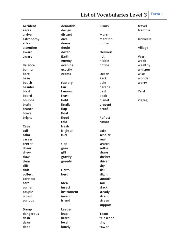 List of Vocabularies Level 3: Form 1 | PDF