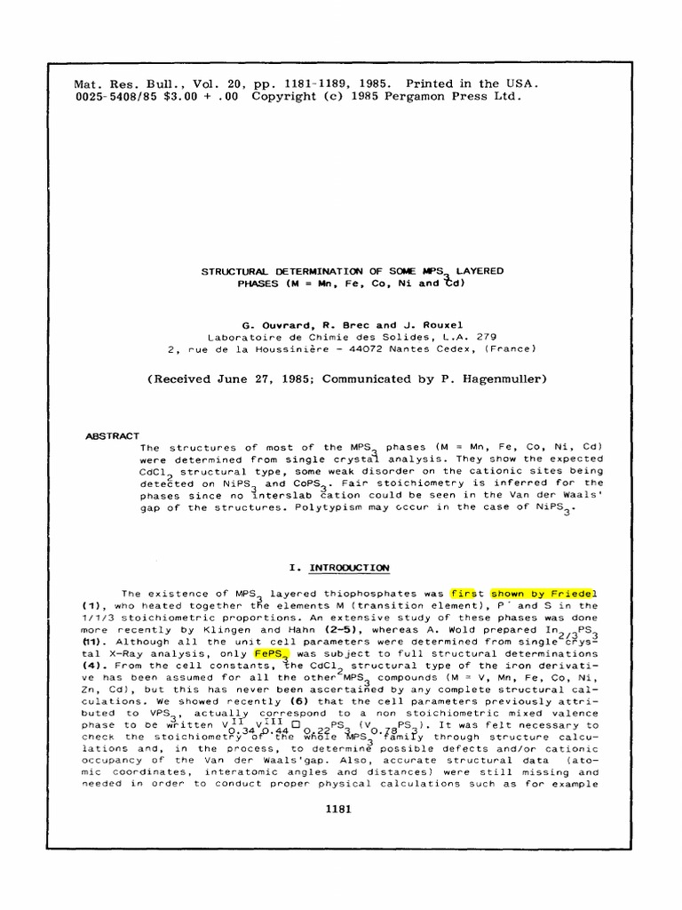EXPERIMENTAL LATTICE CONSTANT of FePS3 Structural Determination of Some ...
