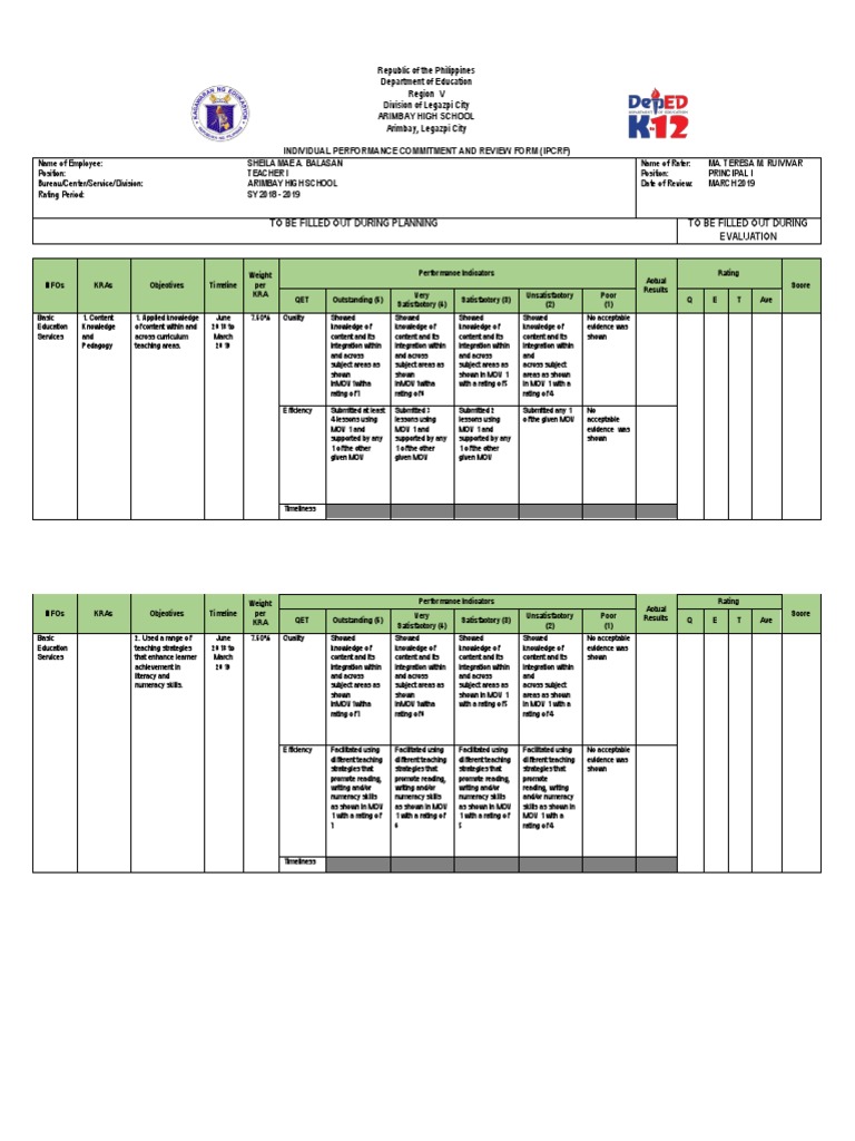 IPCRF 2018 2019 From PPST RPMS | PDF | Curriculum | Learning