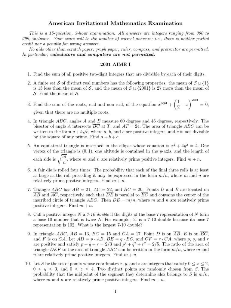 American Invitational Mathematics Examination | PDF | Triangle ...