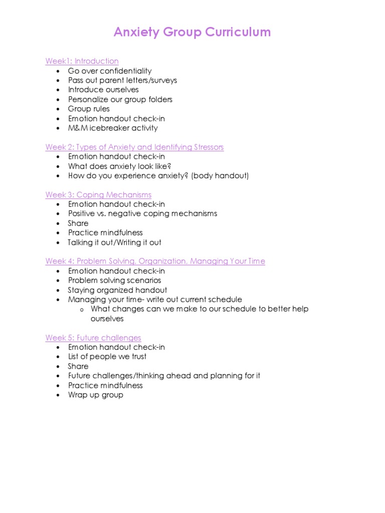 Anxiety Group Curriculum: Week1: Introduction | PDF