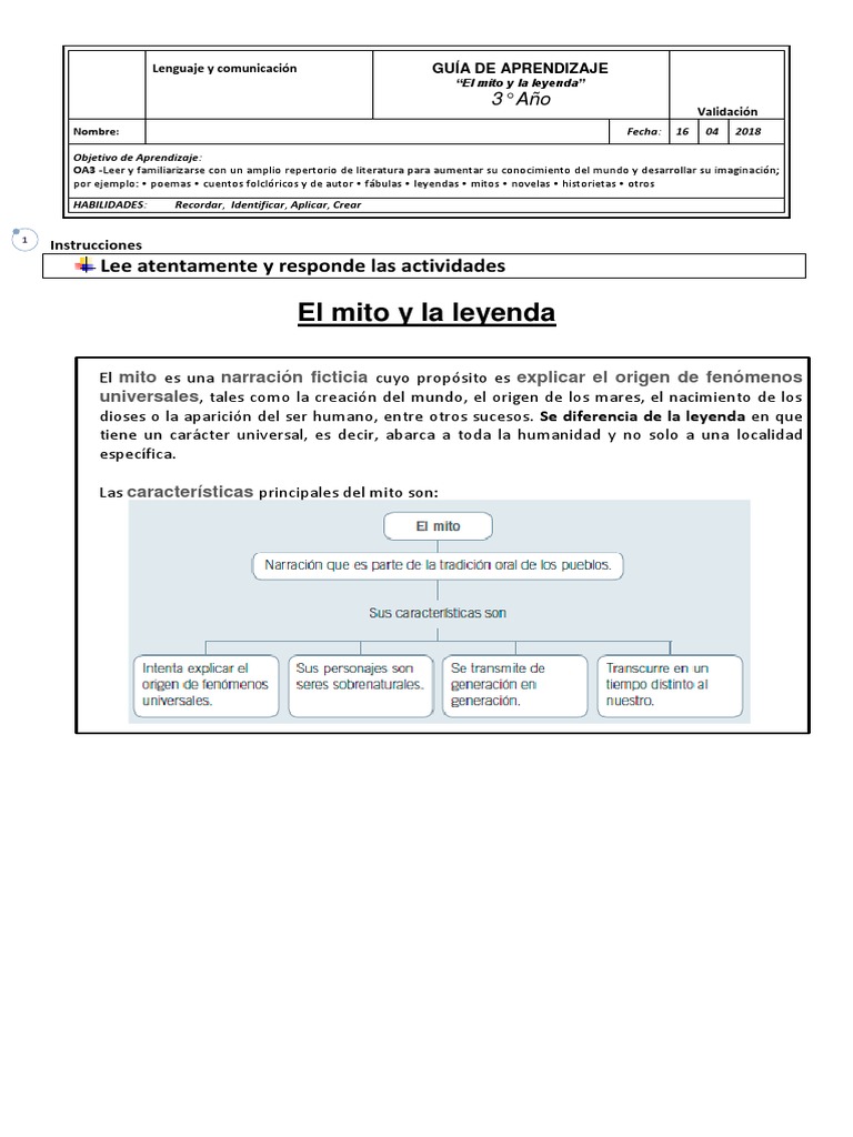 Guía Lenguaje 3°, Mito y Leyenda | PDF | Leyendas