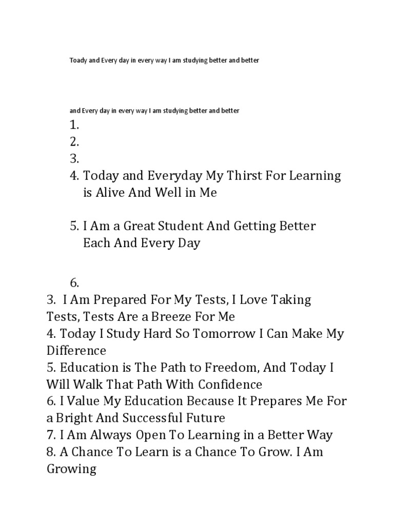 Positive Affirmations for Students | PDF | Test (Assessment) | Memory