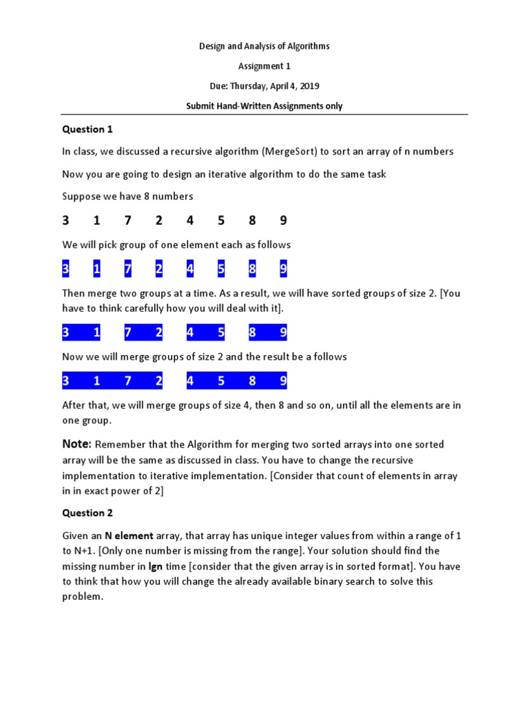 Submit Hand-Written Assignments Only: Design and Analysis of Algorithms Assignment 1 Due ...