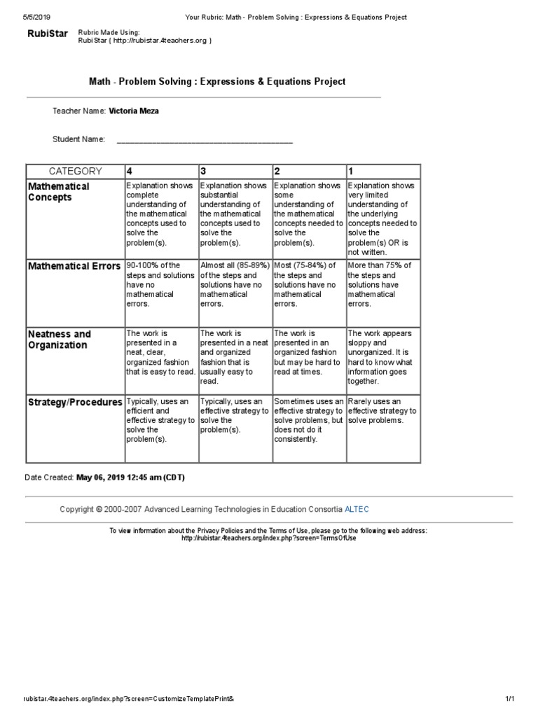 Your Rubric Math - Problem Solving Expressions Equations Project | PDF ...